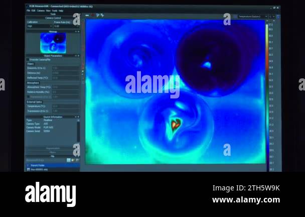 Monitor display of an infrared camera display looking down at a ...