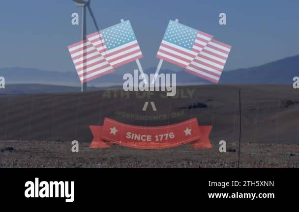 Animation of 4th july over flags of usa and wind turbine. American ...