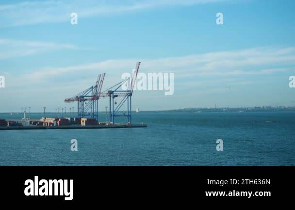 Sea port cargo terminal on calm sunny morning. Uploading cranes at ...