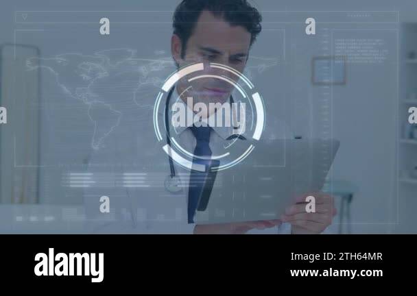Animation of scope scanning, data processing and world map over biracial male doctor using ...