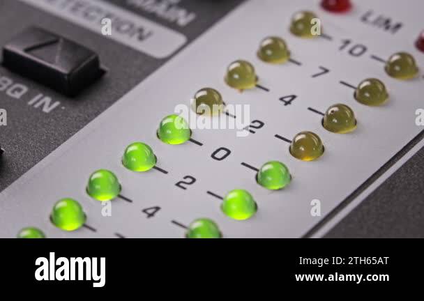 LED indicator of sound level signal on the mixing console. LED strip in ...