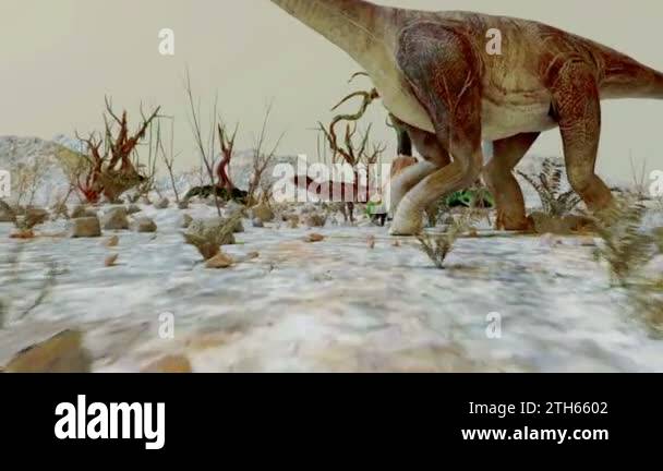 Dinosaur. Prehistoric Jungle, landscape, valley with Dinosaurs. realistic animation and motion ...
