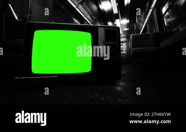 Vintage Television Set Turning Off Green Screen inside an Empty ...
