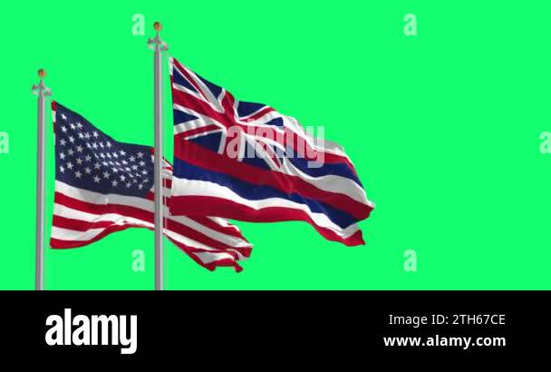Hawaii state flag waving with the national flag of the US isolated on a ...