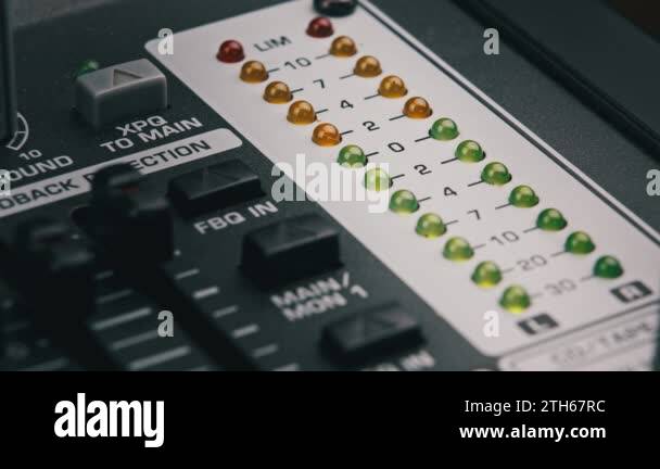 LED indicator of sound level signal on the mixing console. LED strip in ...