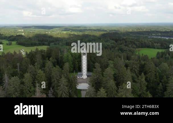 Famous observation tower landmark in deep forest. Tourist observation ...
