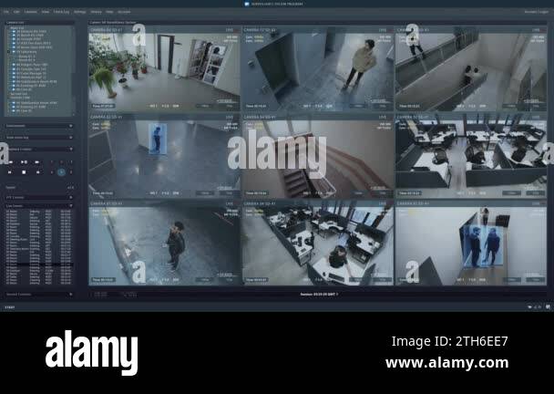 Playback CCTV cameras in office on computer screen. Surveillance ...