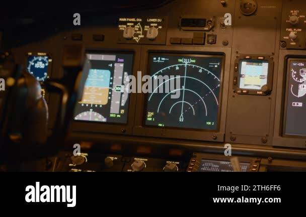 Radar compass and windscreen on dashboard in cockpit used by captain to fly and takeoff with ...