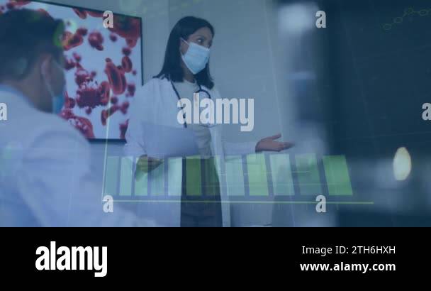 Animation of red and green virus cells over biracial female doctor in ...