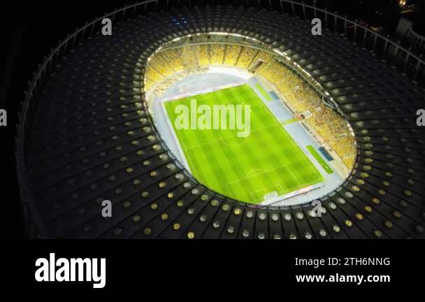 Aerial night view of Soccer stadium in downtown Kyiv, Ukraine. Tourism ...