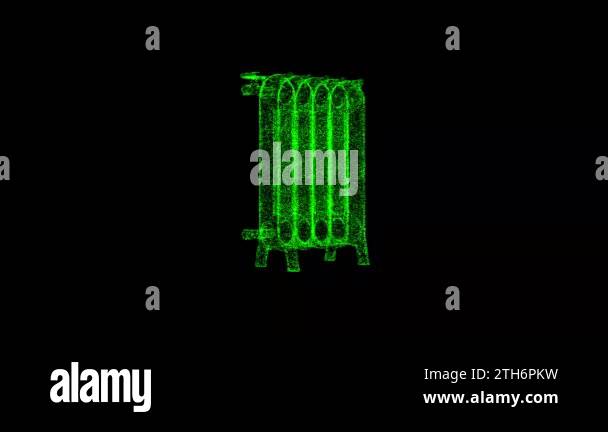 3D retro radiator rotates on black bg. Object dissolved green ...