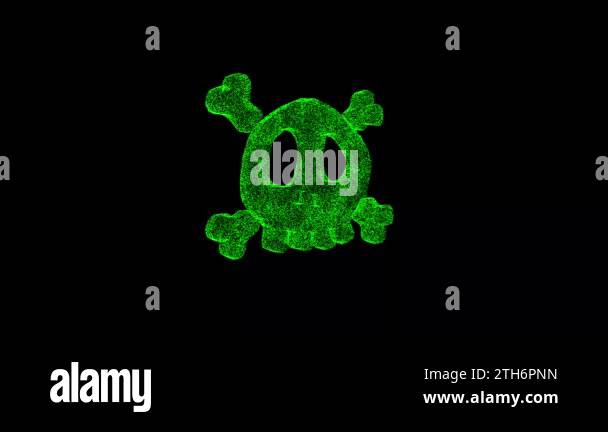 3D poison skull bones rotates on black bg. Object dissolved green ...