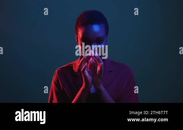 Evil plan. Waiting surprise. Exciting expectation. Red blue neon color ...