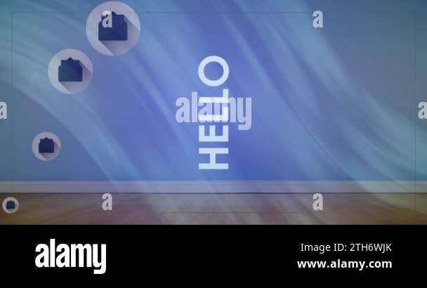 Animation of multiple hello text banners over message icons floating ...