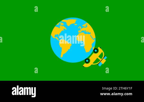 Animated car drives around the yellow blue planet. yellow vintage car ...