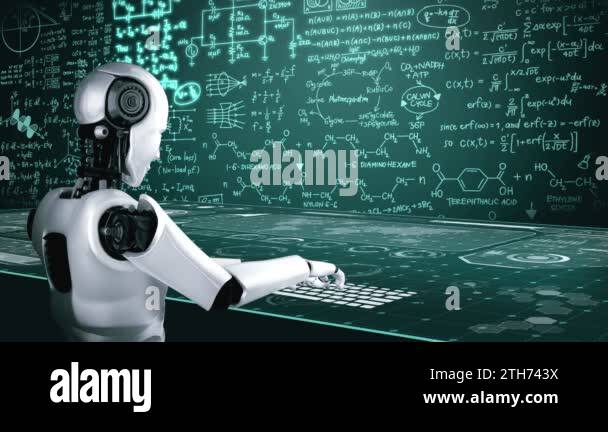 Robot hominoid use laptop and sit at table for engineering science studying using AI thinking ...