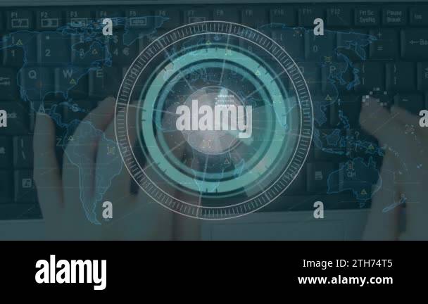 Animation of world map and scope scanning with clock over hands typing on keyboard. Global ...