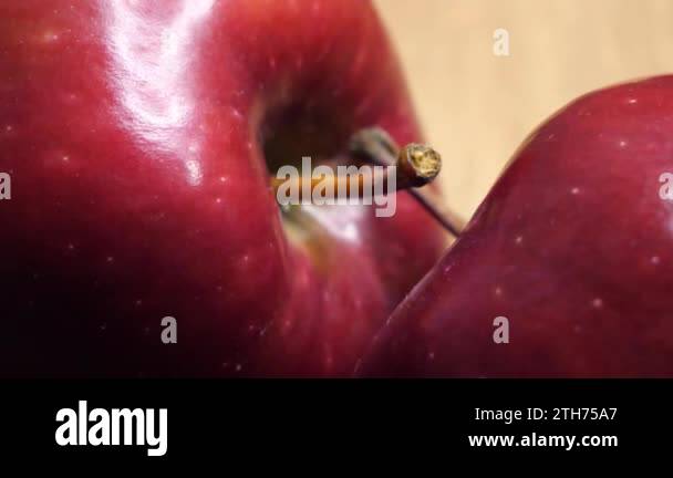 Rotation of two large red apples in close-up. Highly detailed macro ...