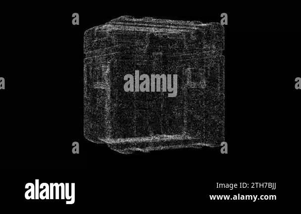 3D futuristic box rotates on black bg. Object dissolved white ...