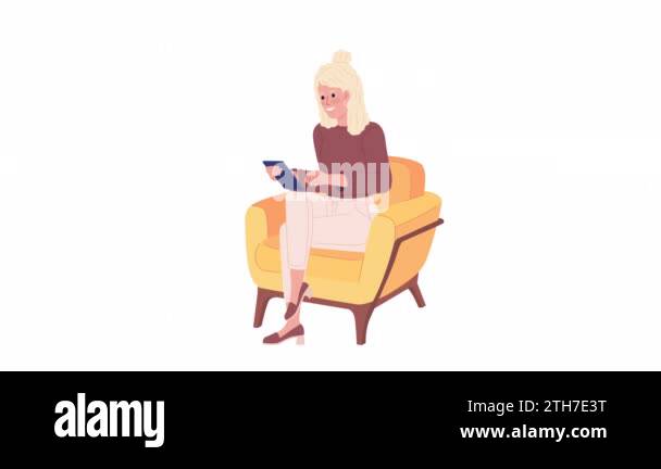 Animated mobile home banking. Woman checking online account with money ...