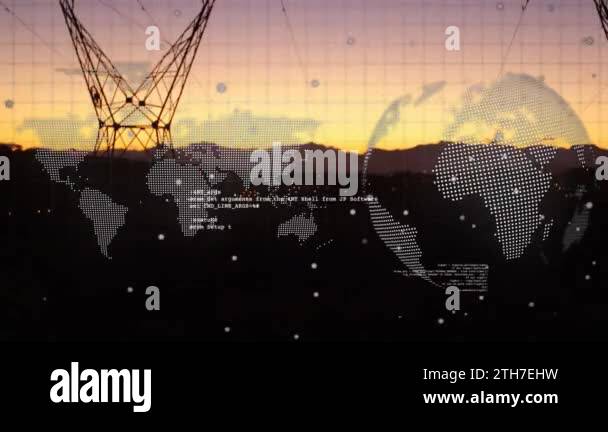 Animation of data processing, world map and globe over electricity ...