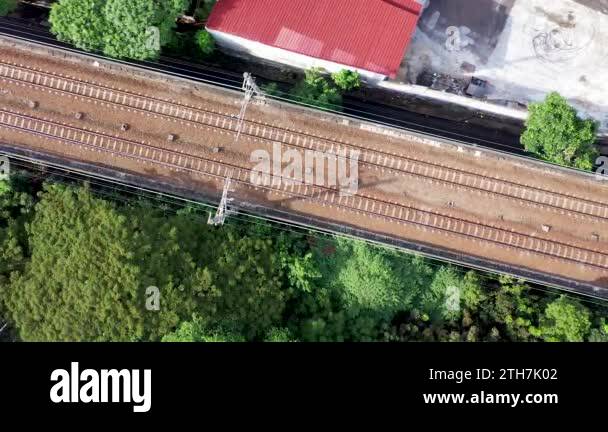 Top down view of new LRT train on the elevated track. Shot in 4k ...