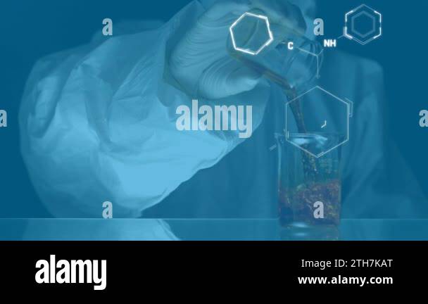 Animation of chemical formulas over hands of male lab worker pouring liquid into lab glass ...