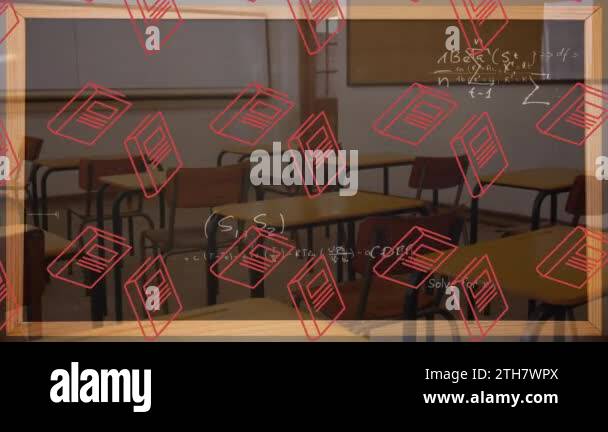 Animation of books and math formulas floating over classroom. School ...