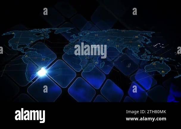 Animation of digital square shapes moving in loop and map with symbols and hexagons. Digitally ...