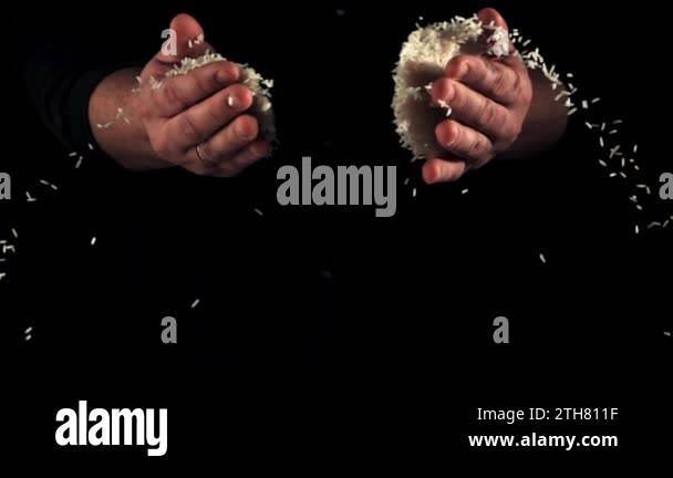 Mens hands throw handfuls of raw crumbly rice. On a black background ...