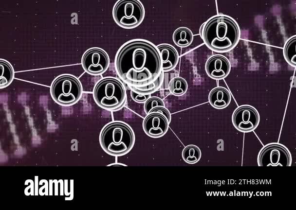 Digital animation of profile icons interconnecting with lines over rotating dna helix and light ...