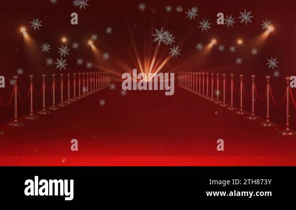 Snowflakes icons falling over red carpet and golden barriers with ...