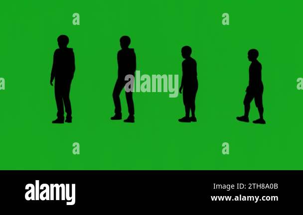 2D silhouettes four different boys green screen talking and walking ...