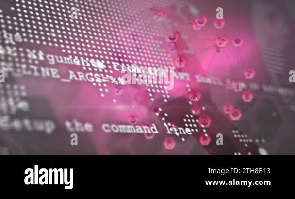 Animation of globe, connections and data processing over pink ...