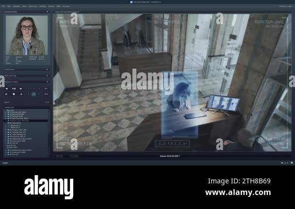 Playback CCTV camera on computer screen. Security camera in coworking ...