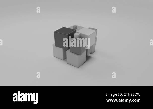 Abstract 3d animation of a large cube that splits into many cubes ...