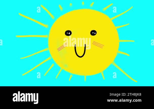 Cute cartoon smiling sun on a blue screen. A cheerful kind character ...