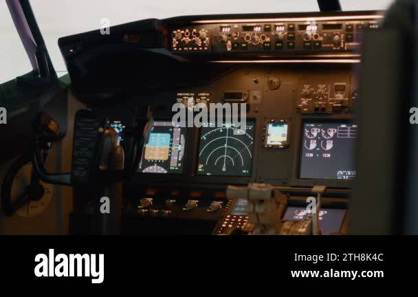 Empty airplane cockpit with dashboard command to throttle engine ...