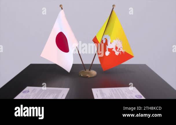 Bhutan and Japan national flags, political deal, diplomatic meeting ...