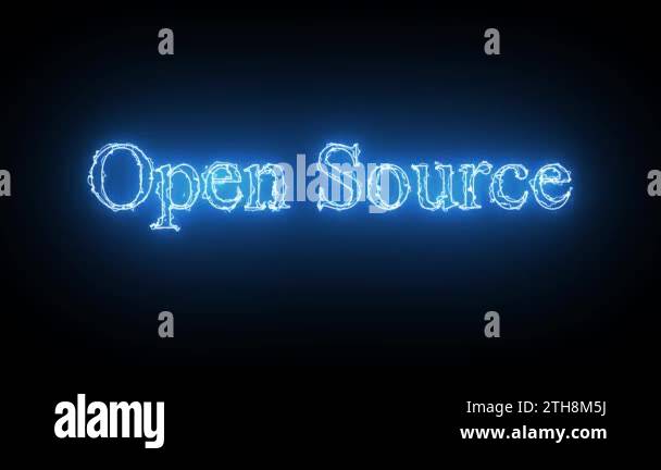 Abstract blue color neon glowing Open Source text animation isolated on ...