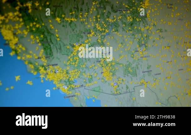 Air traffic map over USA North America Icons of planes satellite shot ...