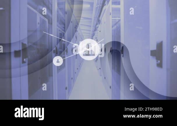 Animation of connected icons, changing numbers and computer language over server room. Digital ...