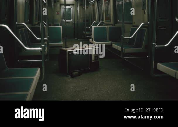 Subway Train Interior with an Old Television Set Turning On Chroma Key ...