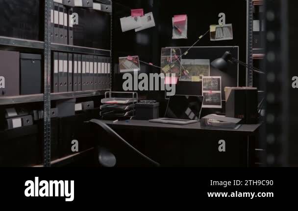 Detective evidence map with case clues on wall in archive room, crime ...