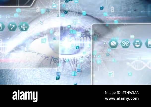 Animation of woman eye scanning infographics in globe shape and ...