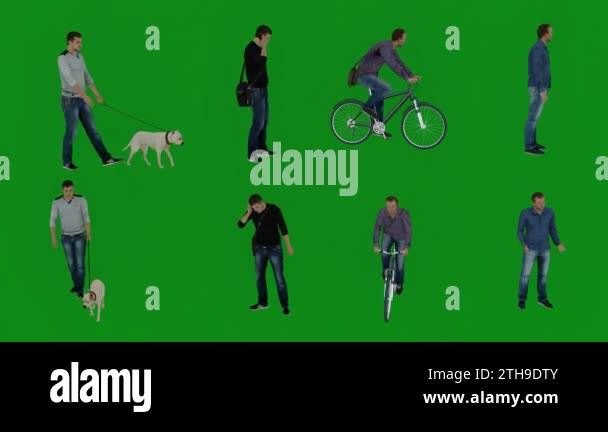 4K resolution, young student boy sitting and standing on green screen ...
