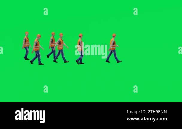 3D large group working men green screen background walking and going to ...