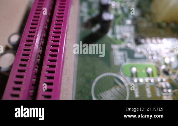 Old motherboard from a disassembled computer. Dolly shot Closeup. Old ...