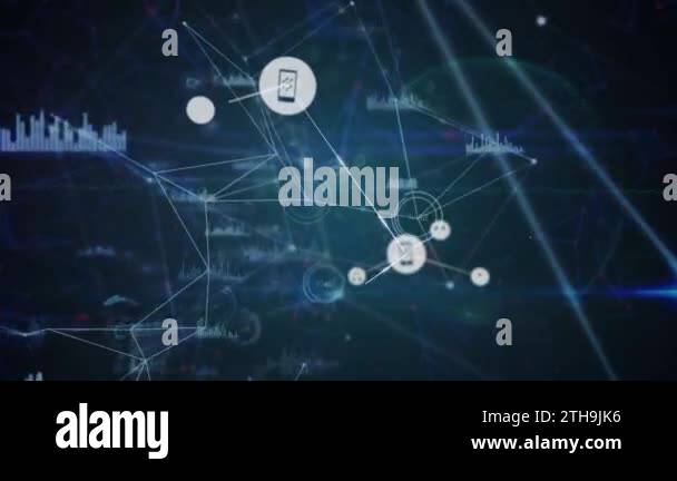 Animation of music, phone, graphs, timer icons connecting with lines over programming language ...