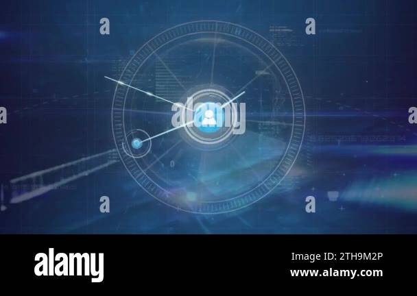 Animation of network of digital icons over round scanner and light ...